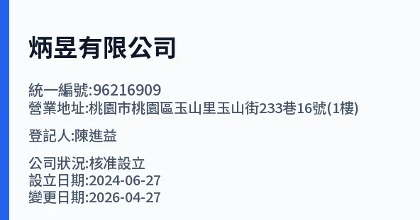 炳昱有限公司的照片-統編 96216909(桃園市) 公司登記資料與營業項目詳細圖表