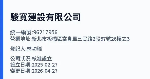 駿寬建設有限公司的照片-統編 96217956(新北市) 公司登記資料與營業項目詳細圖表