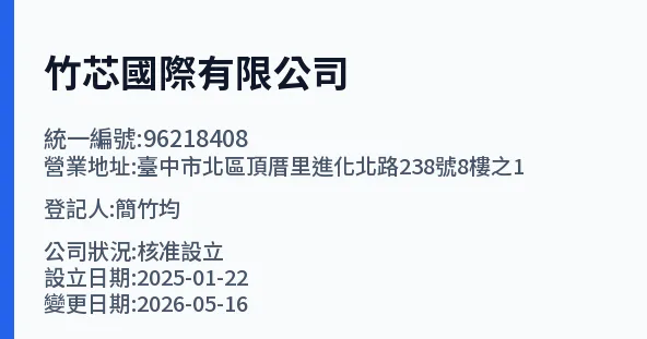 竹芯國際有限公司的照片-統編 96218408(臺中市) 公司登記資料與營業項目詳細圖表