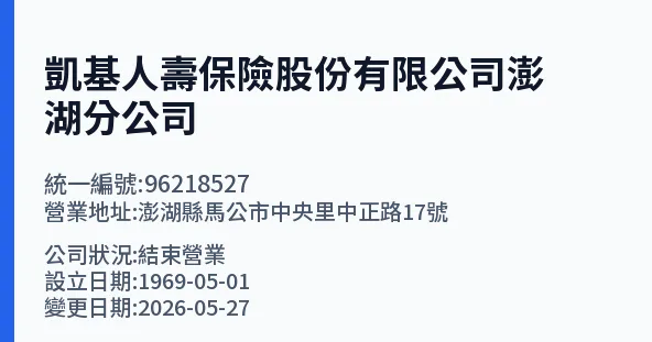凱基人壽保險股份有限公司澎湖分公司的照片-統編 96218527(澎湖縣) 公司登記資料與營業項目詳細圖表