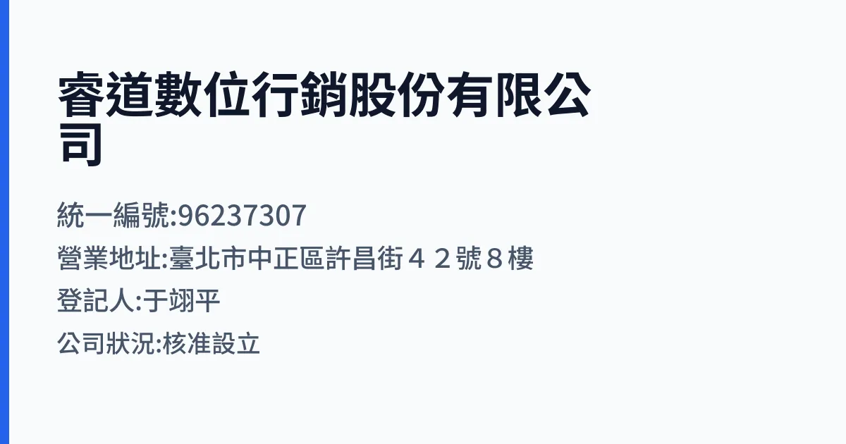 睿道數位行銷股份有限公司 - 統編 96237307(臺北市) 公司登記資料與營業項目詳細圖表