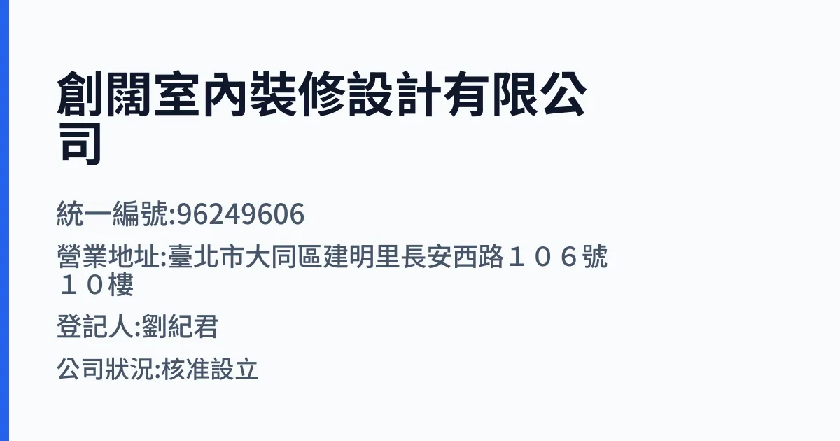 創闊室內裝修設計有限公司 - 統編 96249606(臺北市) 公司登記資料與營業項目詳細圖表