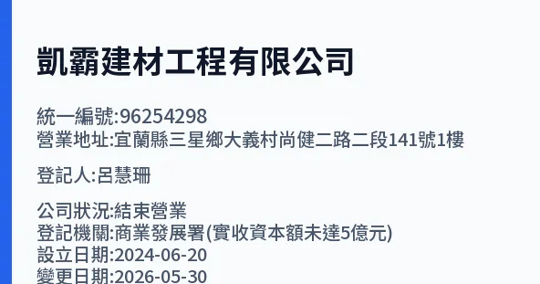 凱霸建材工程有限公司的照片-統編 96254298(宜蘭縣) 公司登記資料與營業項目詳細圖表