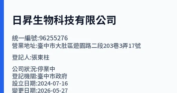 日昇生物科技有限公司的照片-統編 96255276(臺中市) 公司登記資料與營業項目詳細圖表