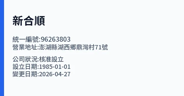 新合順的照片-統編 96263803(澎湖縣) 公司登記資料與營業項目詳細圖表
