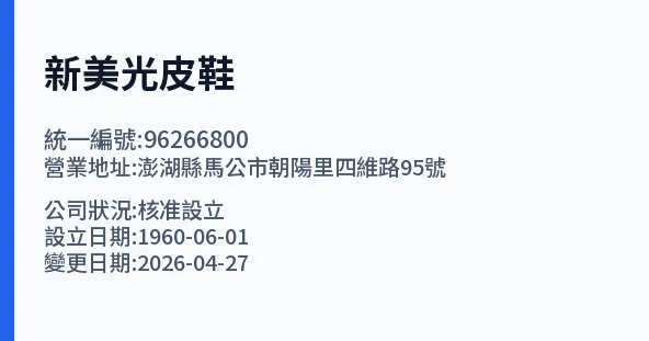 新美光皮鞋的照片-統編 96266800(澎湖縣) 公司登記資料與營業項目詳細圖表