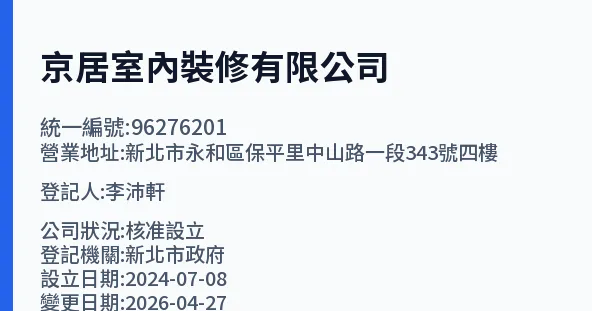 京居室內裝修有限公司的照片-統編 96276201(新北市) 公司登記資料與營業項目詳細圖表
