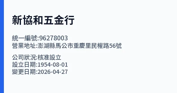新協和五金行的照片-統編 96278003(澎湖縣) 公司登記資料與營業項目詳細圖表