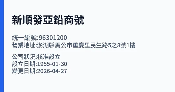 新順發亞鉛商號的照片-統編 96301200(澎湖縣) 公司登記資料與營業項目詳細圖表