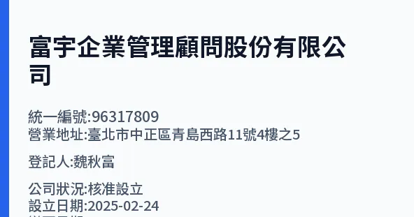 富宇企業管理顧問股份有限公司的照片-統編 96317809(臺北市) 公司登記資料與營業項目詳細圖表