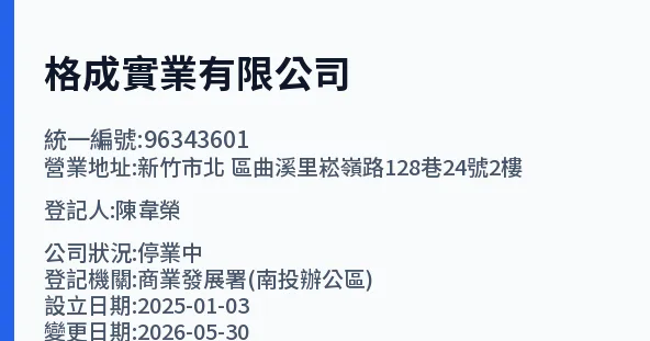 格成實業有限公司的照片-統編 96343601(新竹市) 公司登記資料與營業項目詳細圖表
