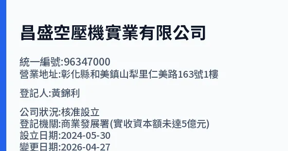 昌盛空壓機實業有限公司的照片-統編 96347000(彰化縣) 公司登記資料與營業項目詳細圖表