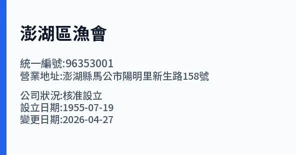 澎湖區漁會的照片-統編 96353001(澎湖縣) 公司登記資料與營業項目詳細圖表