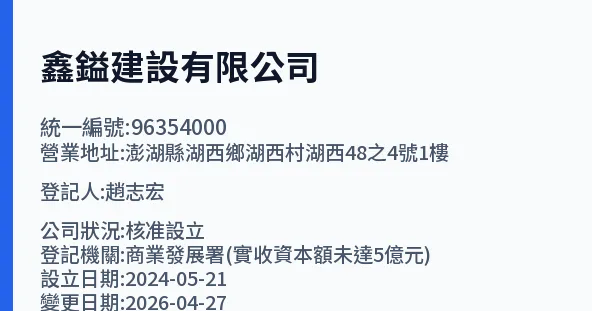 鑫鎰建設有限公司的照片-統編 96354000(澎湖縣) 公司登記資料與營業項目詳細圖表