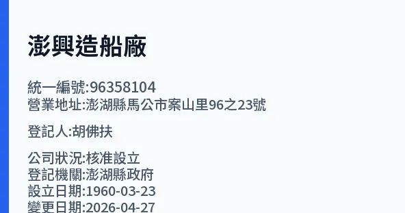 澎興造船廠的照片-統編 96358104(澎湖縣) 公司登記資料與營業項目詳細圖表