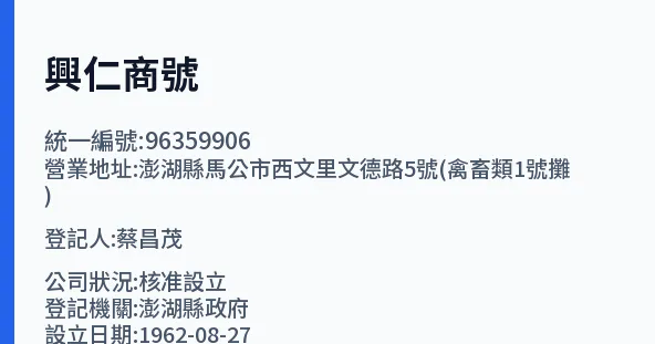 興仁商號的照片-統編 96359906(澎湖縣) 公司登記資料與營業項目詳細圖表