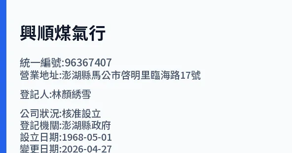 興順煤氣行的照片-統編 96367407(澎湖縣) 公司登記資料與營業項目詳細圖表
