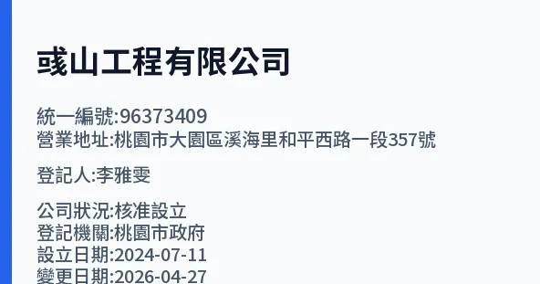 彧山工程有限公司的照片-統編 96373409(桃園市) 公司登記資料與營業項目詳細圖表