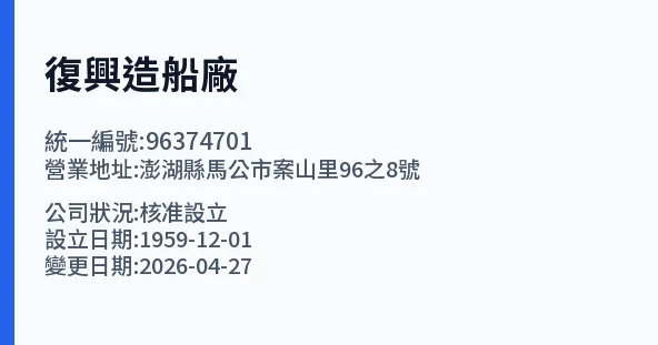 復興造船廠的照片-統編 96374701(澎湖縣) 公司登記資料與營業項目詳細圖表