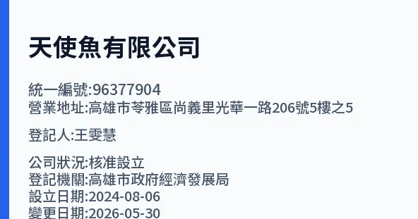 天使魚有限公司的照片-統編 96377904(高雄市) 公司登記資料與營業項目詳細圖表