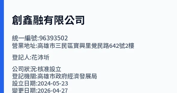 創鑫融有限公司的照片-統編 96393502(高雄市) 公司登記資料與營業項目詳細圖表