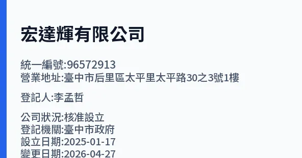 宏達輝有限公司的照片-統編 96572913(臺中市) 公司登記資料與營業項目詳細圖表