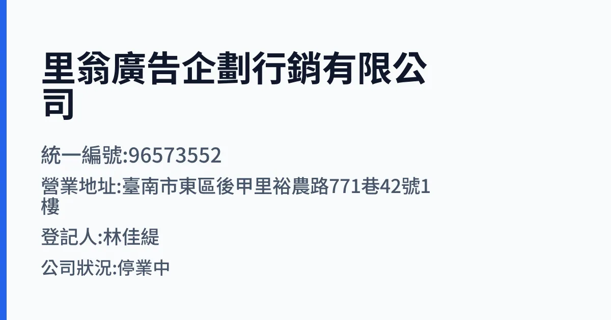 里翁廣告企劃行銷有限公司 - 統編 96573552(臺南市) 公司登記資料與營業項目詳細圖表