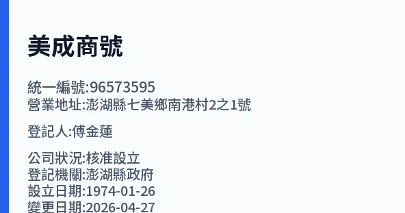 美成商號的照片-統編 96573595(澎湖縣) 公司登記資料與營業項目詳細圖表