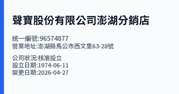 聲寶股份有限公司澎湖分銷店的照片-統編 96574877(澎湖縣) 公司登記資料與營業項目詳細圖表