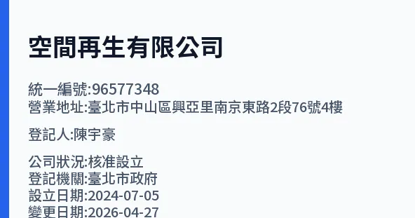 空間再生有限公司的照片-統編 96577348(臺北市) 公司登記資料與營業項目詳細圖表