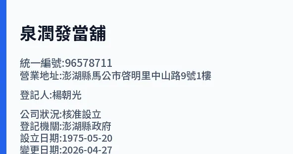 泉潤發當舖的照片-統編 96578711(澎湖縣) 公司登記資料與營業項目詳細圖表