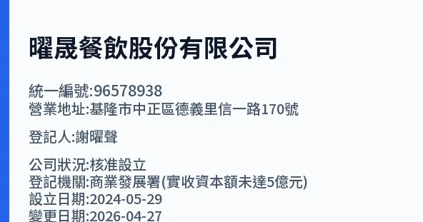 曜晟餐飲股份有限公司的照片-統編 96578938(基隆市) 公司登記資料與營業項目詳細圖表
