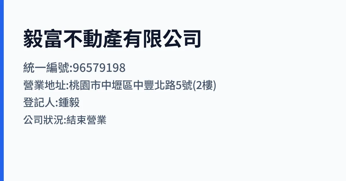 毅富不動產有限公司 - 統編 96579198(桃園市) 公司登記資料與營業項目詳細圖表