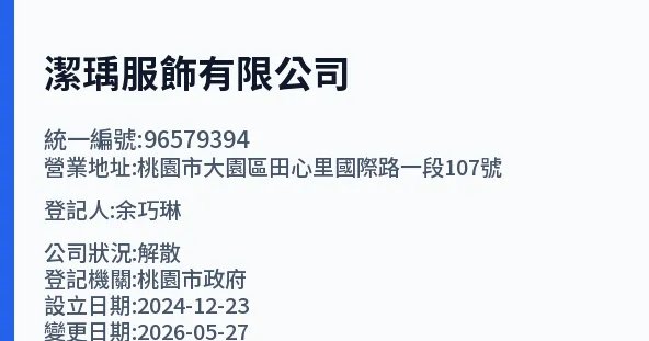 潔瑀服飾有限公司的照片-統編 96579394(桃園市) 公司登記資料與營業項目詳細圖表