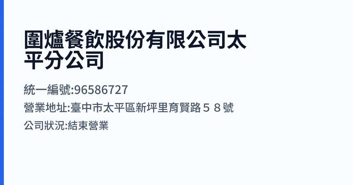 圍爐餐飲股份有限公司太平分公司 - 統編 96586727(臺中市) 公司登記資料與營業項目詳細圖表