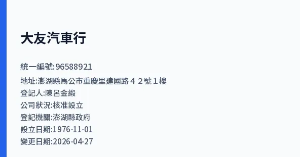 大友汽車行的照片-統編 96588921(澎湖縣) 公司登記資料與營業項目詳細圖表