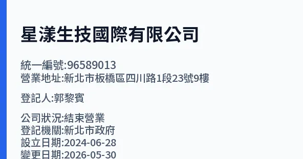 星漾生技國際有限公司的照片-統編 96589013(新北市) 公司登記資料與營業項目詳細圖表