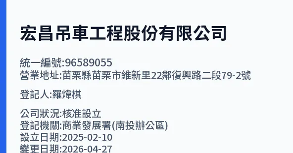 宏昌吊車工程股份有限公司的照片-統編 96589055(苗栗縣) 公司登記資料與營業項目詳細圖表