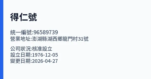 得仁號的照片-統編 96589739(澎湖縣) 公司登記資料與營業項目詳細圖表