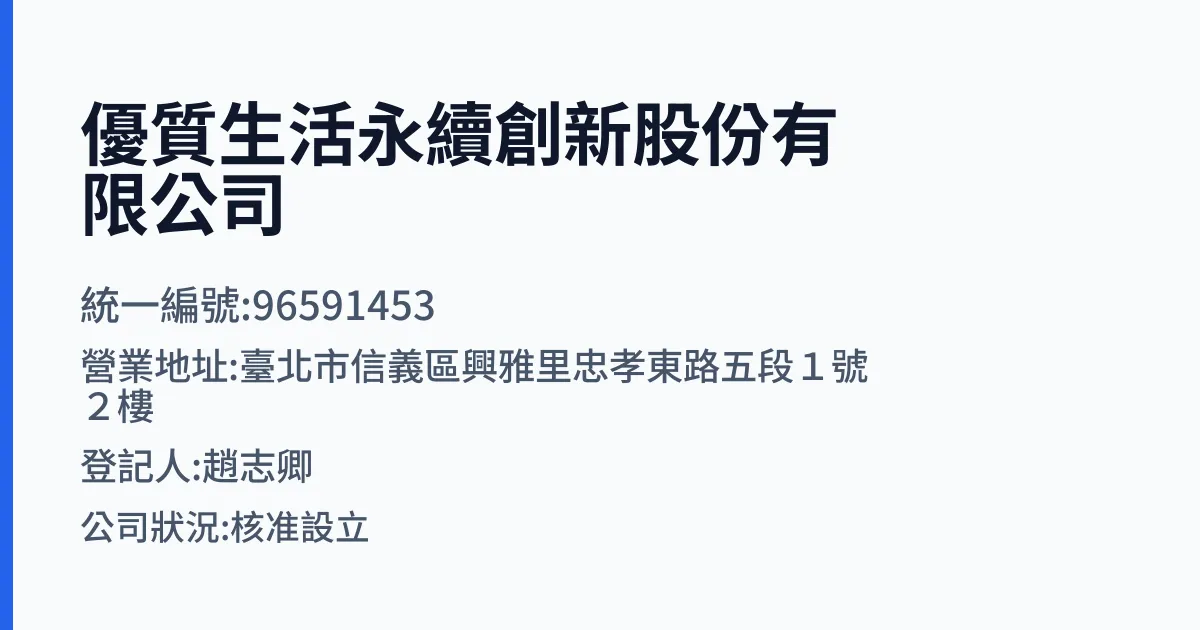 優質生活永續創新股份有限公司 - 統編 96591453(臺北市) 公司登記資料與營業項目詳細圖表