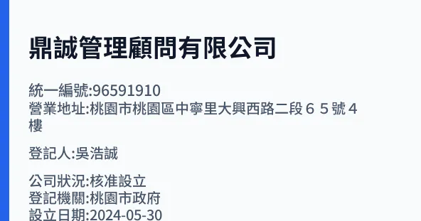 鼎誠管理顧問有限公司的照片-統編 96591910(桃園市) 公司登記資料與營業項目詳細圖表