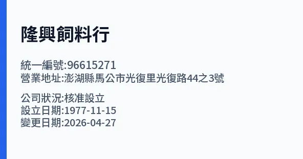 隆興飼料行的照片-統編 96615271(澎湖縣) 公司登記資料與營業項目詳細圖表
