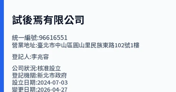 試後焉有限公司的照片-統編 96616551(臺北市) 公司登記資料與營業項目詳細圖表
