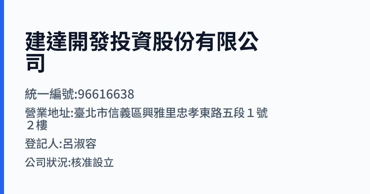 建達開發投資股份有限公司 - 統編 96616638(臺北市) 公司登記資料與營業項目詳細圖表