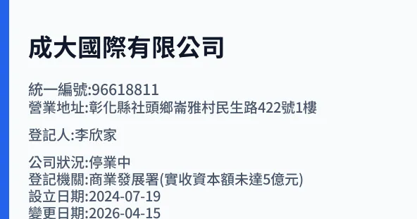 成大國際有限公司的照片-統編 96618811(彰化縣) 公司登記資料與營業項目詳細圖表