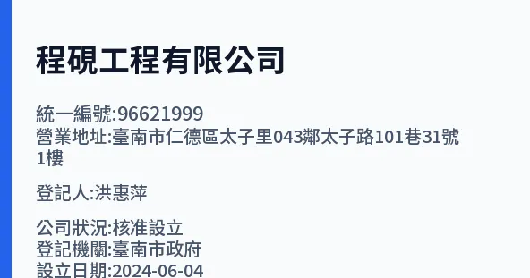 程硯工程有限公司的照片-統編 96621999(臺南市) 公司登記資料與營業項目詳細圖表