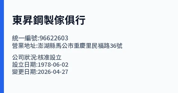 東昇鋼製傢俱行的照片-統編 96622603(澎湖縣) 公司登記資料與營業項目詳細圖表