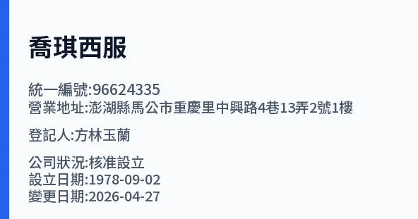 喬琪西服的照片-統編 96624335(澎湖縣) 公司登記資料與營業項目詳細圖表