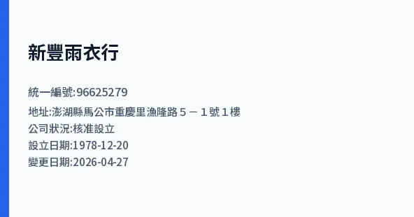 新豐雨衣行的照片-統編 96625279(澎湖縣) 公司登記資料與營業項目詳細圖表