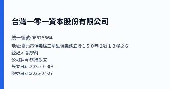 台灣一零一資本股份有限公司的照片-統編 96625664(臺北市) 公司登記資料與營業項目詳細圖表